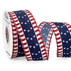 Ribbli 4th of July Patriotic Ribbon,Stars and Stripes Wired Ribbon, 1-1/2 Inch x 10 Yard,Red/White/Navy,Canvas Ribbon for Bow,Wreath,Tree Decoration