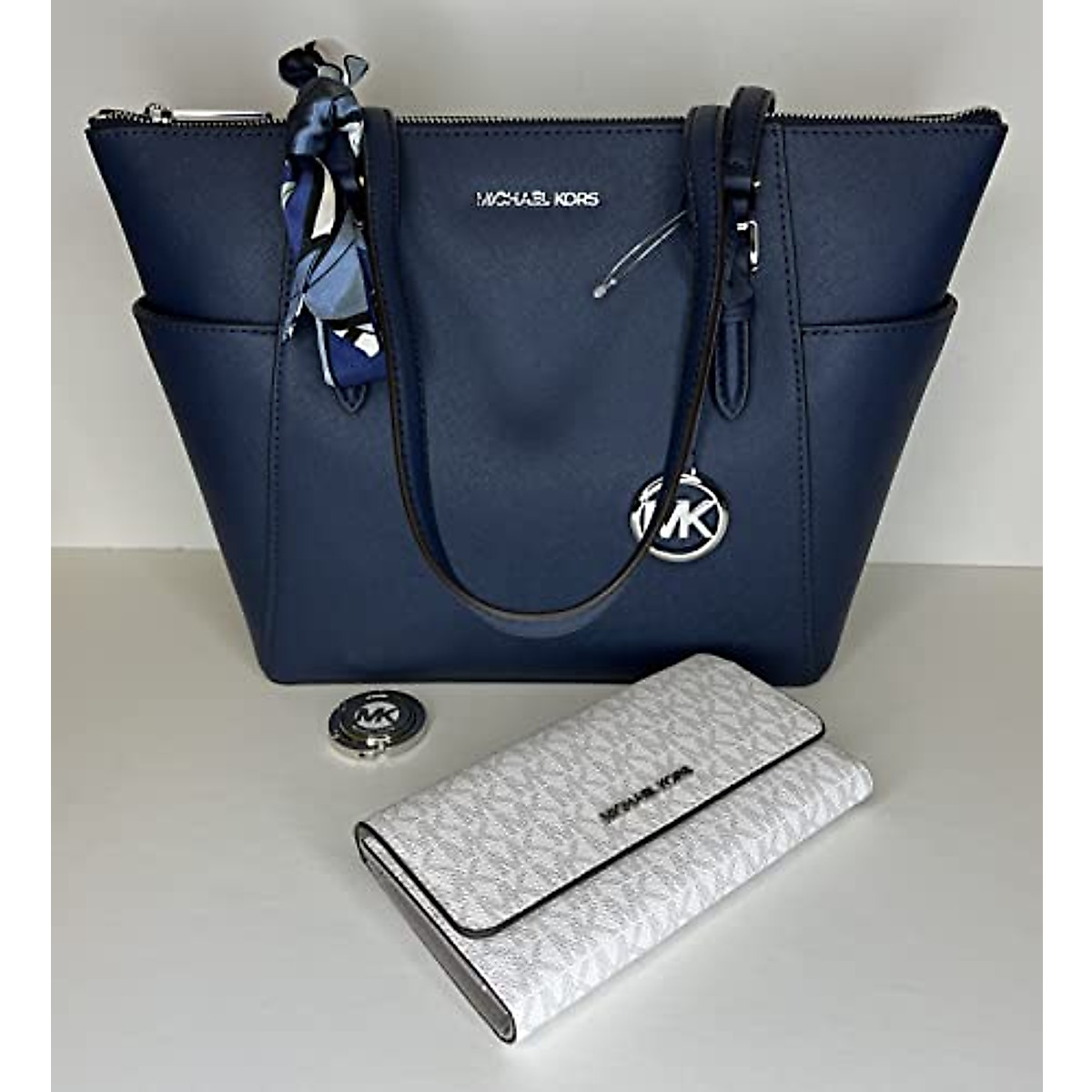 Michael Kors Charlotte Large Zip Tote bundled with matching Trifold Wallet Purse Hook (Navy/Signature MK Bright White)