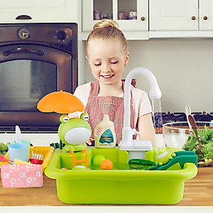 Play Sink with Running Water,Kids Electric Play Kitchen Sink Toys,Toddler Kitchen Sink Toy,Pool Floating Fishing Toys for Water Play-Green