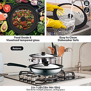 13-14-15in Universal Lid for Pots,Pans,Skillets,Large Replacement Frying Pan Cover,Big Cookware Lids,Tempered Glass with Heat Resistant Silicone Rim,Knob, BPA Free,Dishwasher Safe