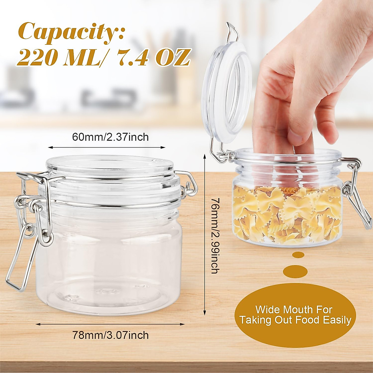 3 Pack 220ml/7.4oz Plastic Storage Jars Clear Bottles Wide Mouth Canning Jar Multi-Purpose Container with Lids&Inner Liners for Kitchen Home