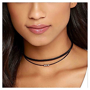 Yheakne Boho Layered Suede Choker Necklace Short Black Velvet Choker Necklace Vintage Leather Necklace Silver Bead Collar Necklace Chain Jewelry for Women and Girls