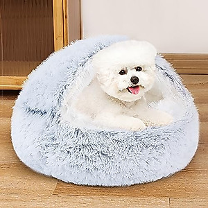 NOYAL Round Hooded Donut Dog Bed for Small & Medium Pets - Plush Fluffy Anti-Anxiety Cat Cave Bed with Cover