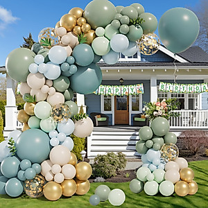 Bonropin 172pcs Dusty Blue Green Balloon Garland Arch Kit with Haze Fog Blue Ash Mist Sage Green Sand White Gold Confetti Balloons for Baby Shower Wedding Bridal Boho Birthday Party Decorations