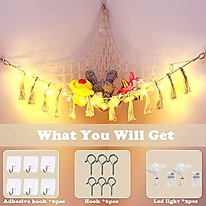 2 Pack Stuffed Animal Net or Hammock with Led Light stuffed animal hammock Boho Plush Stuffed Animal Holder Hanging Storage Nets Kids Bedroom, 45" x 45" x 60", White