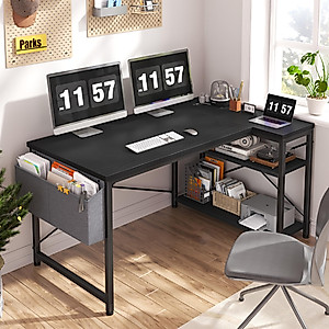 EnHomee 47" Computer Desk with Power Outlets,L Shaped Desk with Storage Shelves,Home Offic Corner Desk for Work,Writing Study Desk with Gaming Desk for Bedroom Office Dorm,Black