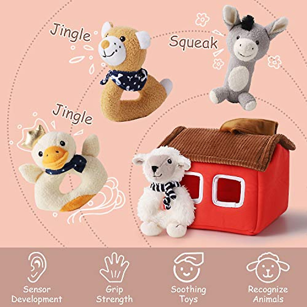 iPlay, iLearn Plush Baby Rattle Toys, Newborn Soft Barn Farm Stuffed Animal Set, Infant Hand Sensory Development, Girls Boys Stuff, Easter Birthday Shower Gift Basket Stuffer 3 6 9 12 Month 1 Year Old