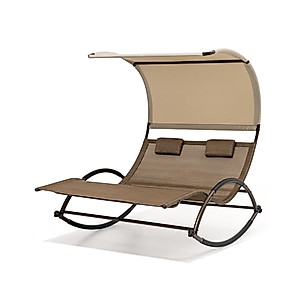 Crestlive Products Outdoor Double Chaise Lounge Chair with Canopy & Wheels, 2 Person Patio Rocking Lounge Chair with Sun Shade & Headrests for Garden, Backyard, Poolside (Brown)