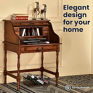 Furniture Dash - Mini Roll Top Desk USB - Standing Desk - Desk with Drawers - Rolling Desk - Wooden Desk - 32" W x 24" D x 44.5" H - 66lb (Burnished Walnut Finish)