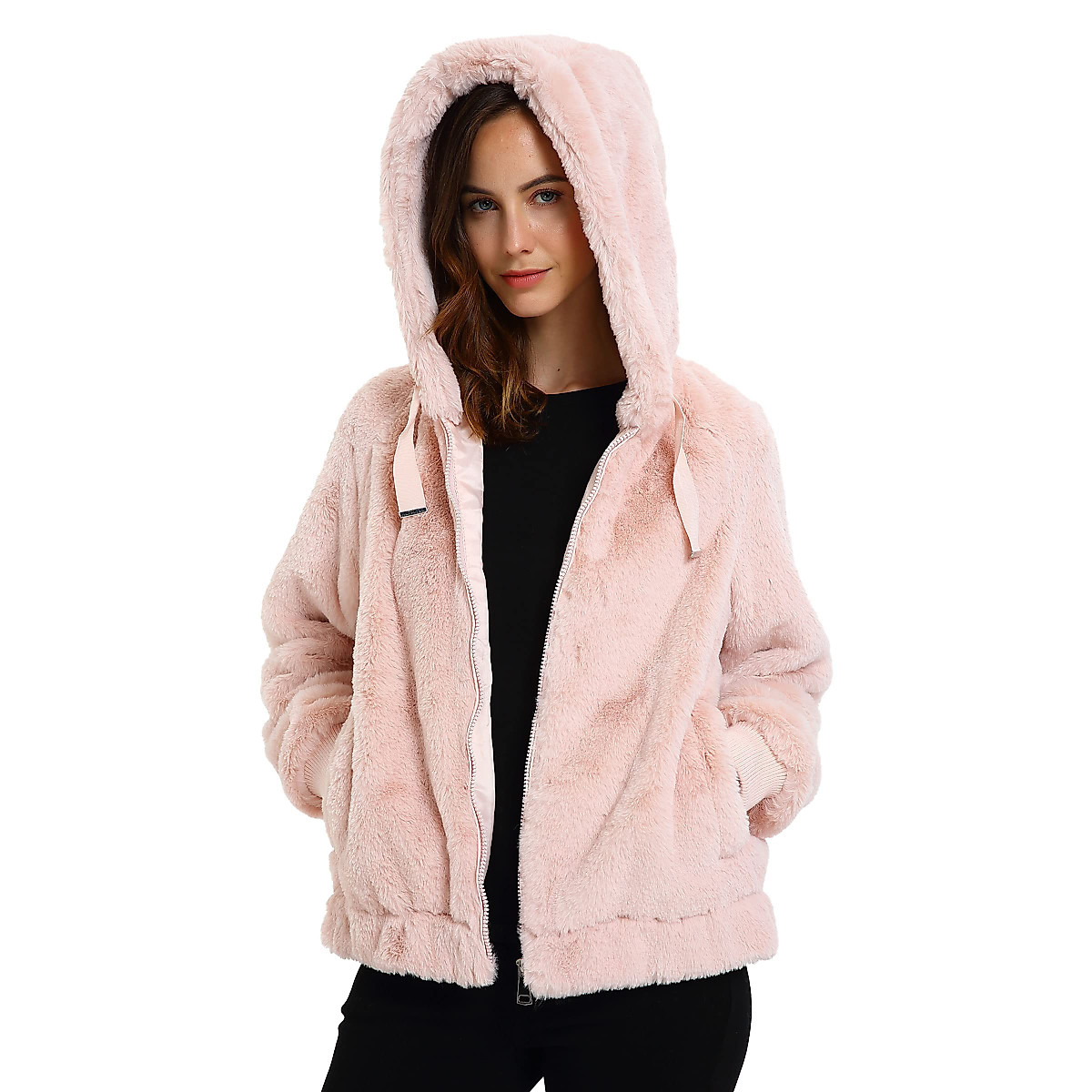 Bellivera Women Faux Fur Coat Spring Clothes Winter The Fluffy Fuzzy Short Shearling Jacket with Hood 1712014 Pink L