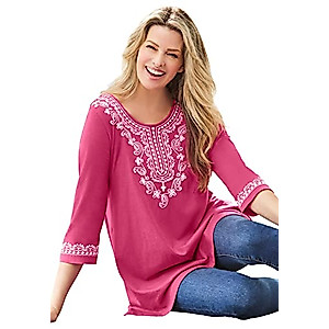 Woman Within Women's Plus Size Embroidered Knit Tunic - 18/20, Grenadine Orange