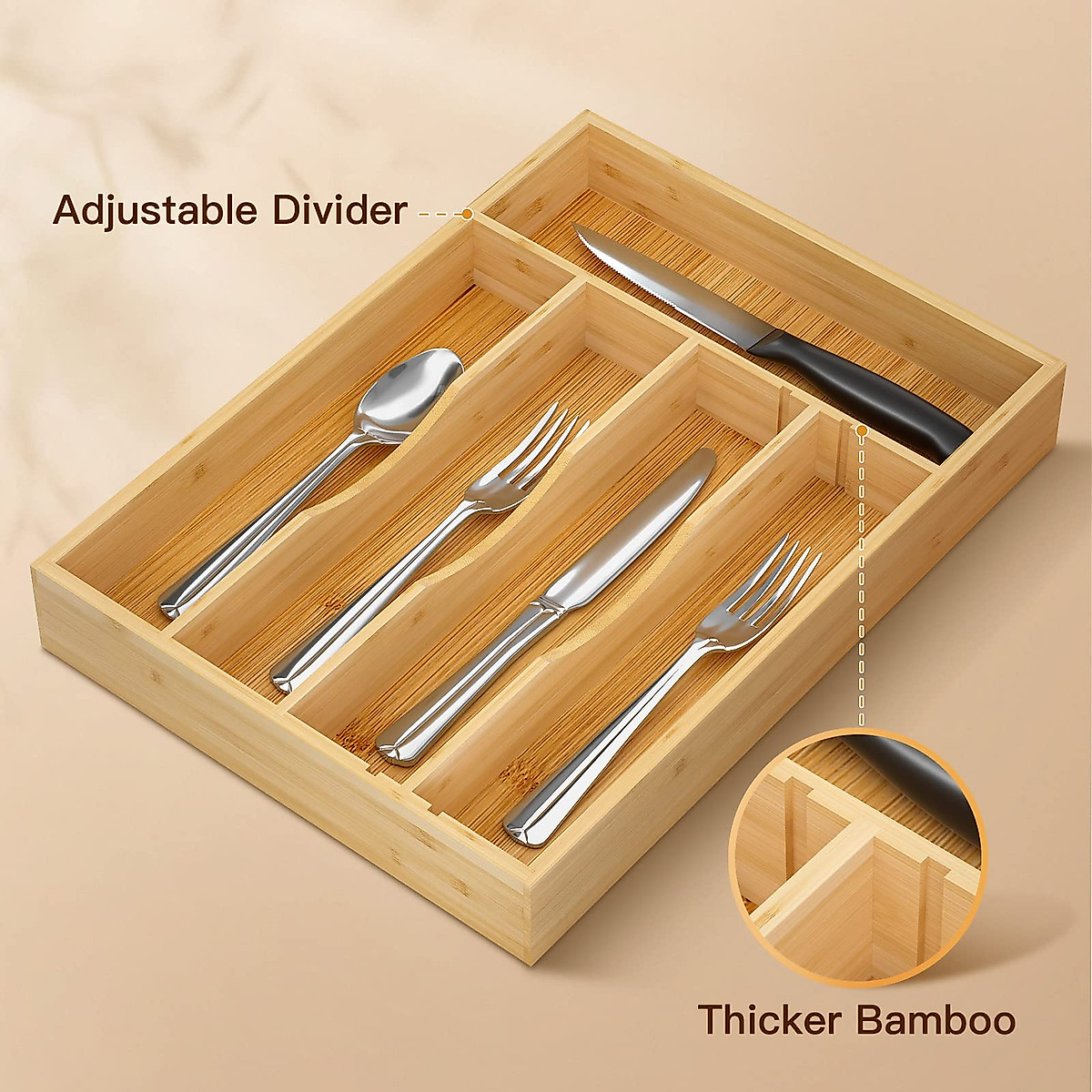G.a HOMEFAVOR Bamboo Silverware Tray for Drawer-10 Inch Spoon Organizer For Kitchen Drawers - Kitchen Drawer Organizer for Silverware, Utensil, Flatware and Home Essentials, 10"x14"x2"
