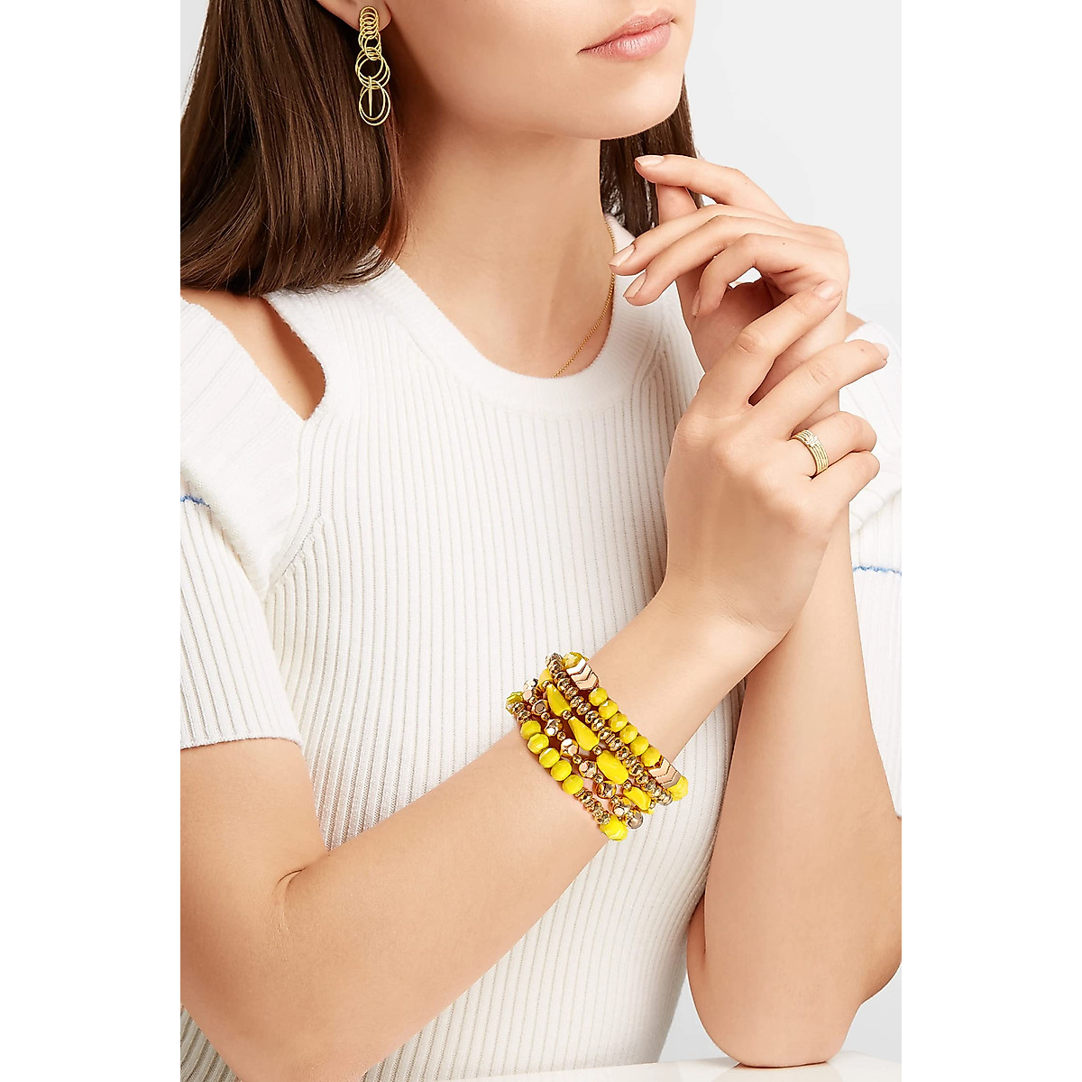 MOLOCH Beaded Bracelet For Woman -Multiple Stackable Layered Bracelets-Rainbow Elastic Stretchy Bracelet- Boho y2k Bracelet-Surfer Beach Bracelet (yellow)