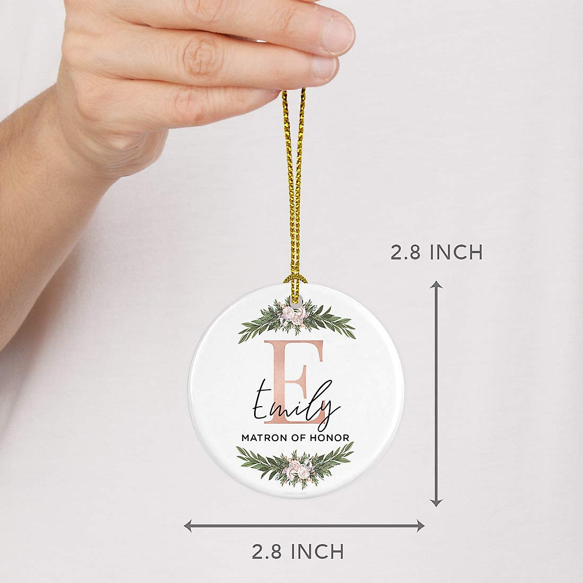 Andaz Press Personalized Round Ceramic Porcelain Christmas Tree Ornament Keepsake Collectible Matron of Honor Gift, Monogram Letter with Name, 1-Pack, Custom