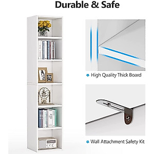 Unknown1 70.9 Inch Tall Narrow Bookcace 6 Tier Open Bookshelf White Classic MDF Glossy