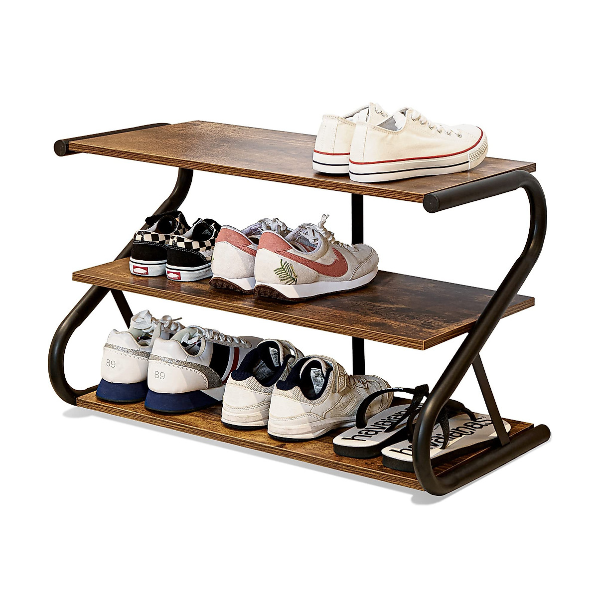 Aroktake 3-Tier Shoe Rack, Z-Frame Wooden Shoe Shelf with Durable Metal Shelves for Hallway, Living Room, Closet, Bedroom (Rustic)