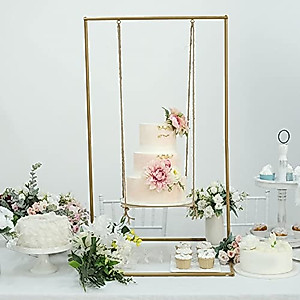 TABLECLOTHSFACTORY 3ft Tall Gold Metal Hanging Dessert Display Centerpiece with Jute Rope, Cake Stand Swing