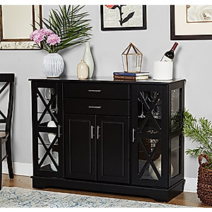 Target Marketing Systems Kendall Dining Buffet Cabinet with Storage, Modern 2-Drawer Kitchen Sideboard Doors, and 2 Adjustable Glass Shelves, 47.25" Inch, Black