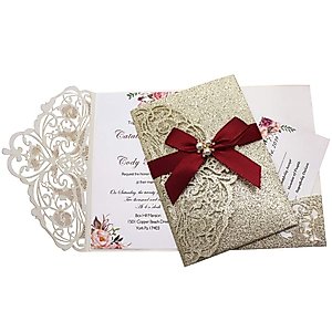 AdasBridal 25Pcs 250GSM Tri-Fold Glitter Wedding Invitations with RSVP Cards and Envelopes for Wedding Engagement Bridal Shower Birthday Quinceanera Party Invite(Gold Glitter, 7.09 X 4.92inch)