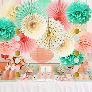 Mint Green Cream Pink Party Decoration Mint Peach Birthday Tissue Paper Pom Poms Paper Fans Circle Dot Garlands for Grils Mint Birthday Party Baby Shower Bridal Shower Wedding Party Decorations