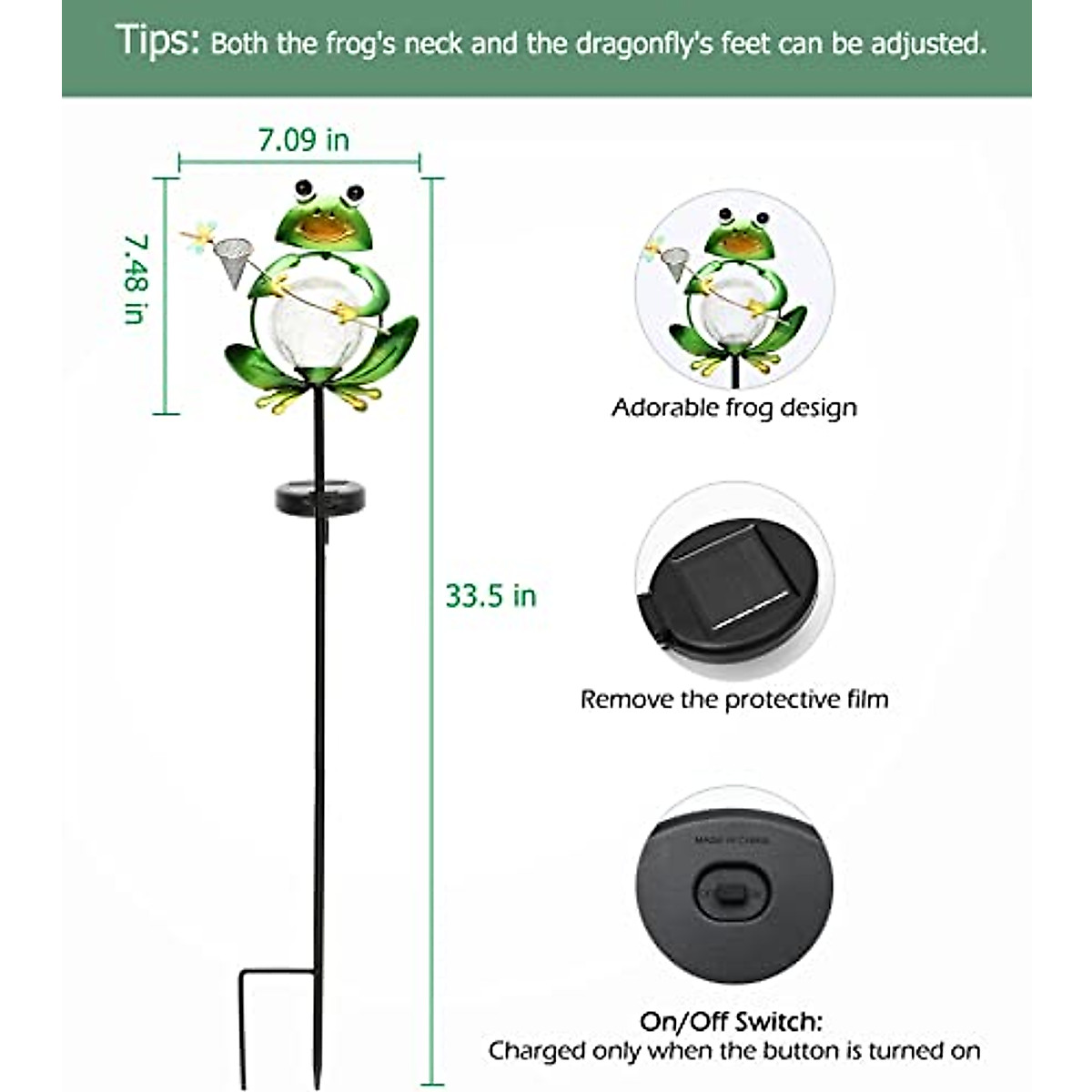XIFEINIU Garden Solar Lights Outdoor Decorations, Waterproof Frog Crackle Glass Globe Metal Garden Stake Lights, Solar Powered Warm White LED Light for Christmas Pathway Lawn Patio Yard Decor