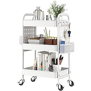 TOOLF 3-Tier Rolling Cart, Metal Utility Storage Cart with DIY Pegboards, Art Craft Trolley with Baskets Hooks, Organizer Serving Cart Easy Assemble for Office, Home, Kitchen, Classroom, White