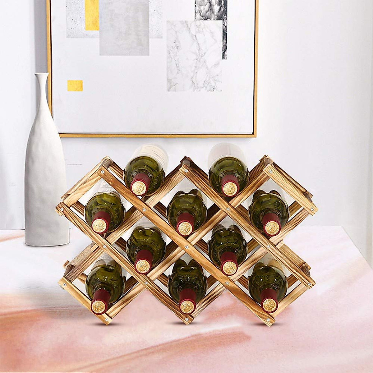 Meltset M Wooden Wine Rack Foldable Wine Holder Tabletop 3 Bottles Small Wine Storage Stand Natural Solid Wood Wine Bottle Cube Organizer Display Shelf for Home Kitchen Cabinet Bar Cellar