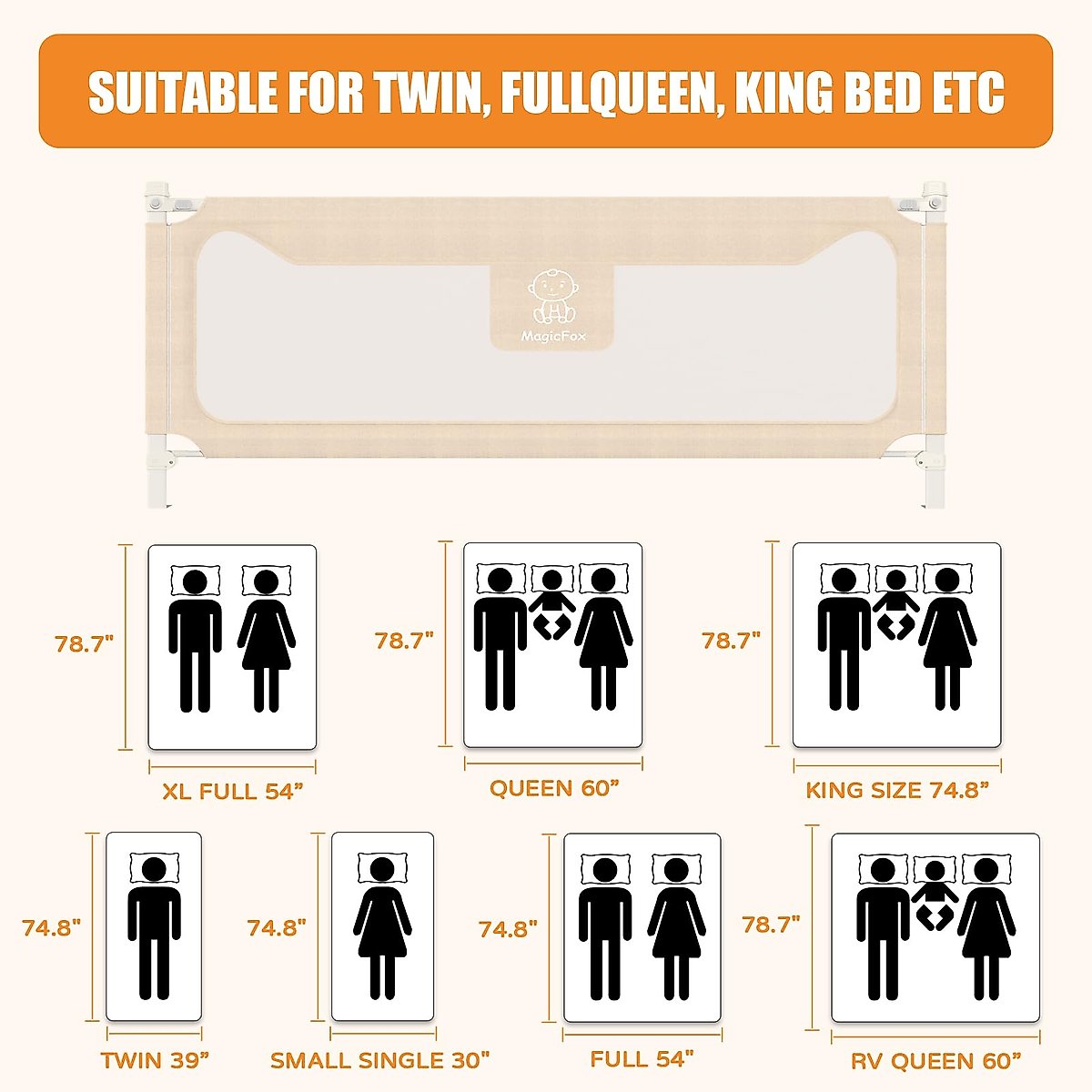 MagicFox Bed Rails for Toddlers, Extra Tall 32 Levels of Height Adjustment Specially Designed for Twin, Full, Queen, King Size - 2024 Safety Bed Guard Rails for Kids (Khaki, 1 Side:74.8"(L) ×27"(H))
