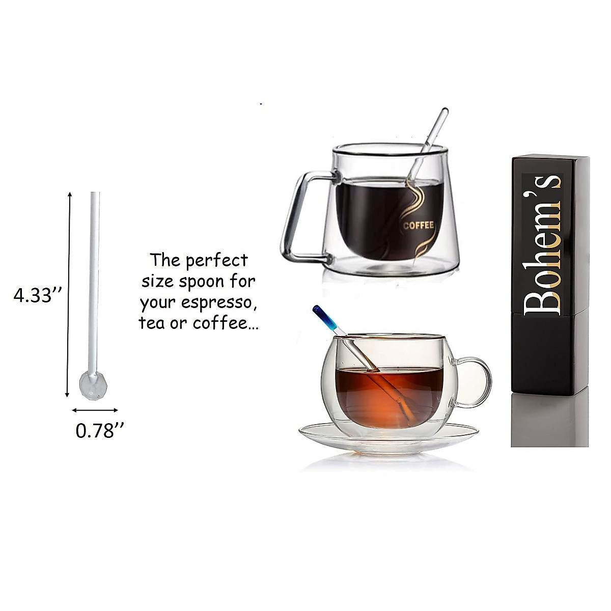 Demitasse Espresso Spoons, Mini Coffee Spoon, 4.33 Inches Glass Small Spoons for Tea, Stirring Rod Mixing Spoon, Set of 6 (clear 2)