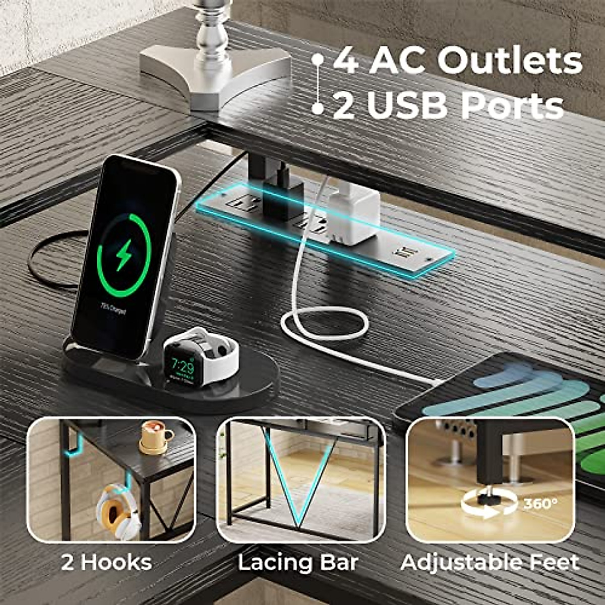Huuger L Shaped Gaming Desk with LED Lights & Power Outlets, Computer Desk with Monitor Stand & Hooks, Home Office Desk, Corner Gaming Desk, Black