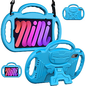 LTROP Kids Case for 2024 iPad Mini 7 & 2021 iPad Mini 6, Shockproof Handle Stand Shoulder Strap Kids Bumper Case for iPad Mini Tablet, Blue