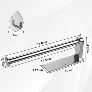 Paper Towel Holder - MUNNAR Stainless Steel Paper Towel Holder, Under Cabinet Paper Towel Rack, Self Adhesive or Drilling, Wall Mount Towel Paper Holder for Kitchen Sink Bathroom, with 4 Hooks