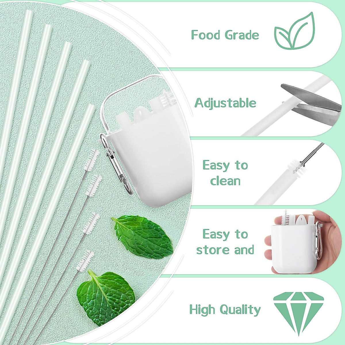 Nuenen 8 Packs Reusable Straws with Case Silicone Straws Reusable Collapsible Travel Straw Portable Folding Drinking Straw with Keychain Carry Pouch and Cleaning Brushes for Home Travel Party Drinks