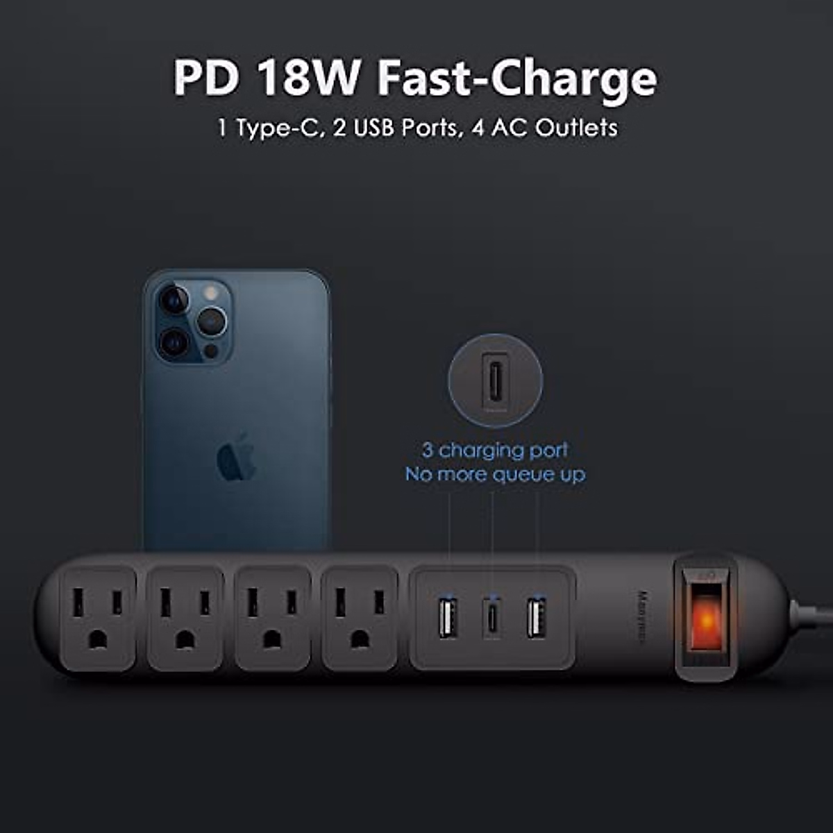 Power Strip with USB C, Manymax Mountable Flat Plug Extension Cord with 4 Widely Spaced Outlets, 3 USB Charging Ports (1 USB C), Wall Mount 6 Feet Extension Cord, for Home Office Hotel-Black (1 Pack)