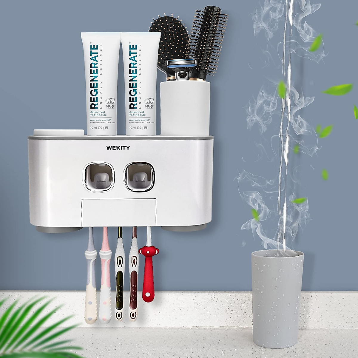 Toothbrush Holder Wall Mounted, WEKITY Multi-Functional Toothbrush and Toothpaste Dispenser for Bathroom, with 5 Toothbrush Slots, 2 Toothpaste Squeezers and 4 Cups(Grey)
