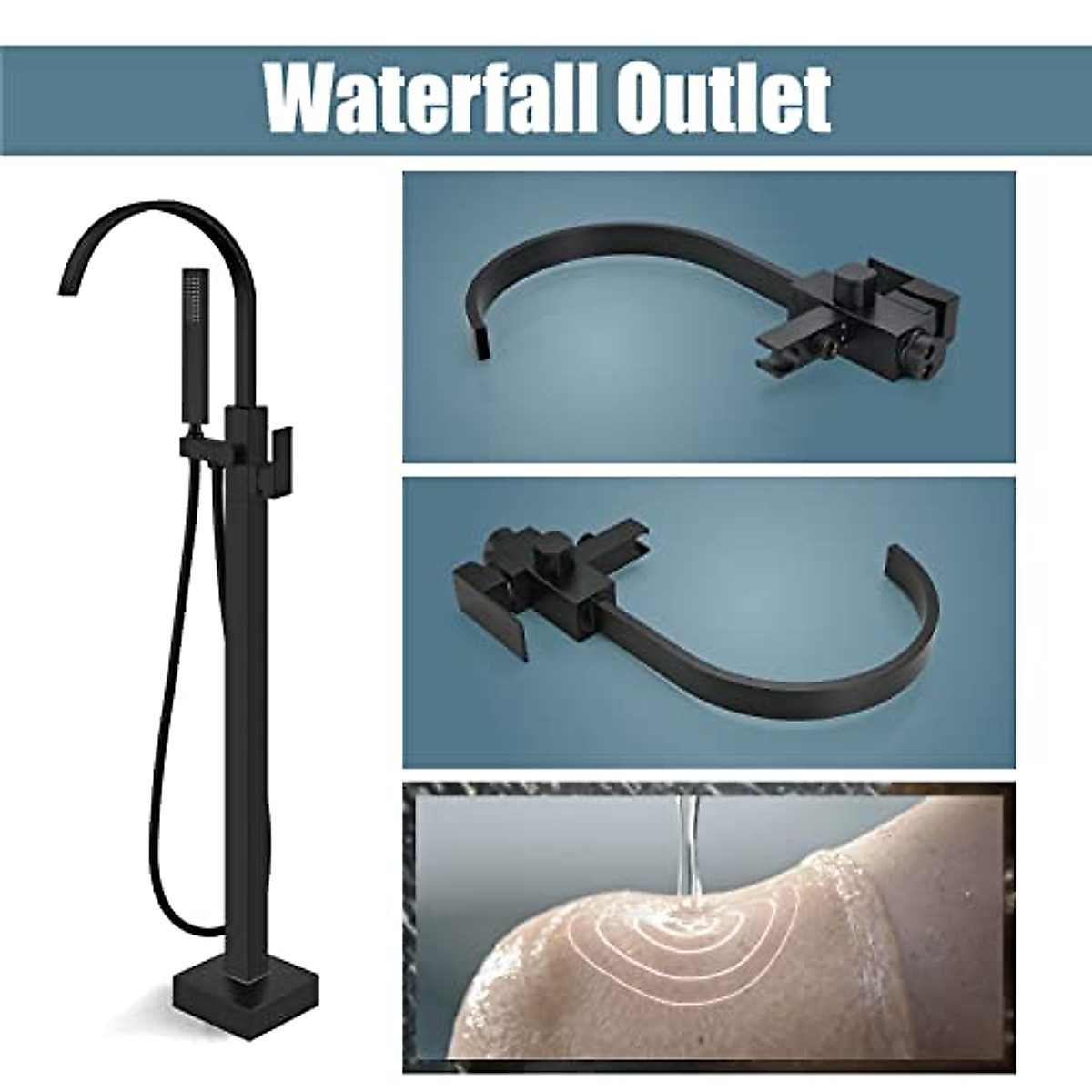 Aolemi Matte Black Freestanding Tub Filler Bathtub Faucet Floor Mounted Bathroom Waterfall Tap Brass Swivel Spout Single Handle with Handheld Shower