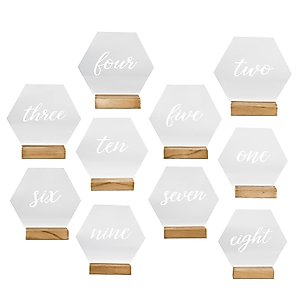 Hanna Roberts Modern Hexagonal Geometric Table Number Acrylic Signs with Wood Stands for Wedding Reception, Restaurant, Event Party, 5" x 1.5" x 5.9" (Cursive Geometric, Set of 10 (1-10))