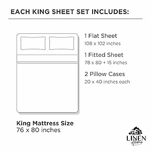 100% Cotton Percale Sheets King Size, White, Deep Pocket, 4 Pieces Sheet Set - 1 Flat, 1 Deep Pocket Fitted Sheet and 2 Pillowcases, Crisp Cool and Strong Bed Linen