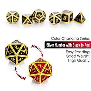 Color Changing D&D Metal Dice Set, DNDND Temperature Sensitive Game Dice DND with Free Metal Tin for Dungeons and Dragons D&D Role Playing Table Games (Glod Number with Black to Red)