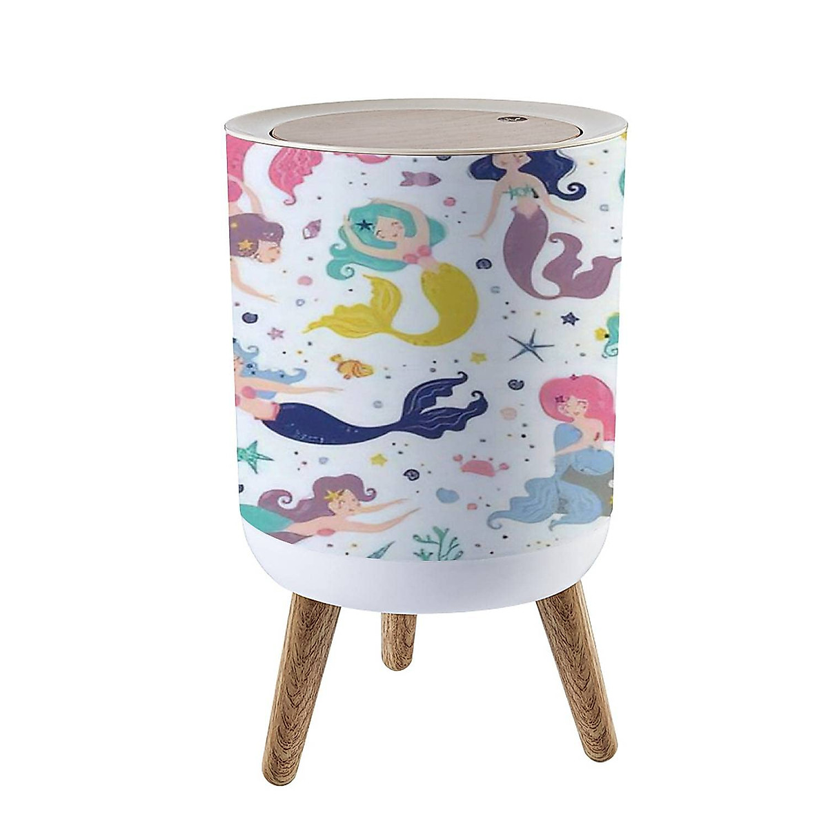 LOPYEIJFG Seamless Childish Cute Mermaids Creative Kids Texture for Fabric Trash Can with Lid Kitchen Bathroom Bedroom 1.8 Gallon Press Cover Wastebasket Office Wood Small Garbage Bin Waste Bin