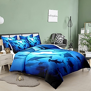 NINENINE Boys Blue Comforter Set Twin Size for Kids Teens,Shark Bedding Fish Ocean Dolphins Bed Sets with 1 Comforter 1 Pillowcase……