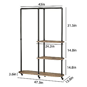 MAIKAILUN Industrial Clothing Rack, Heavy Duty Clothes Rack With Shelves, Freestanding Rolling Garment Rack for Hanging Clothes, Standing Portable Metal Closet Organizer, Coat Rack (BLACK)