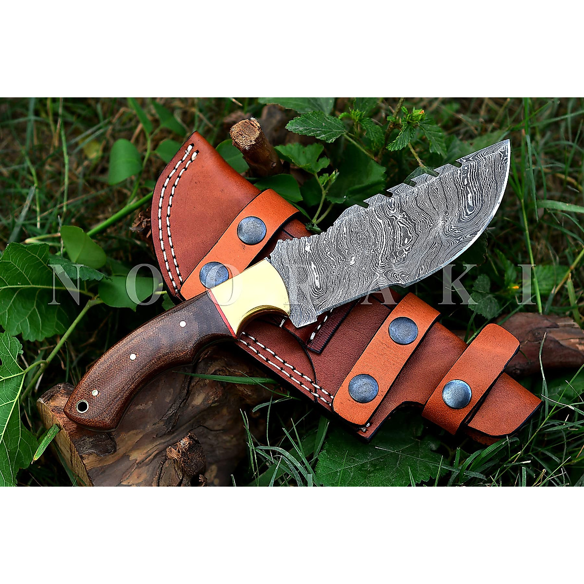 Nooraki - 11 inch | Custom Handmade Damascus Tracker Knife with Brown Micarta Handle Hunting knife, Camping knife, Bushcraft Knife, Survival Knife - Full Tang Fire Pattern With Sheath #332