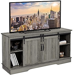 Yaheetech Farmhouse TV Stand wih Storage, 58" Entertainment Center with Sliding Barn Door, Wooden Media TV Console with Height Adjustable Shelves for Living Room, Grey Wash