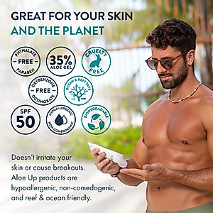 Aloe Up White Collection Sunscreen Lotion SPF 50 - Broad Spectrum UVA/UVB Sunscreen Protector for Face and Body - With Aloe Vera Gel - Alcohol-Free - Reef Friendly - Coco-Mango Fragrance - 4 Oz