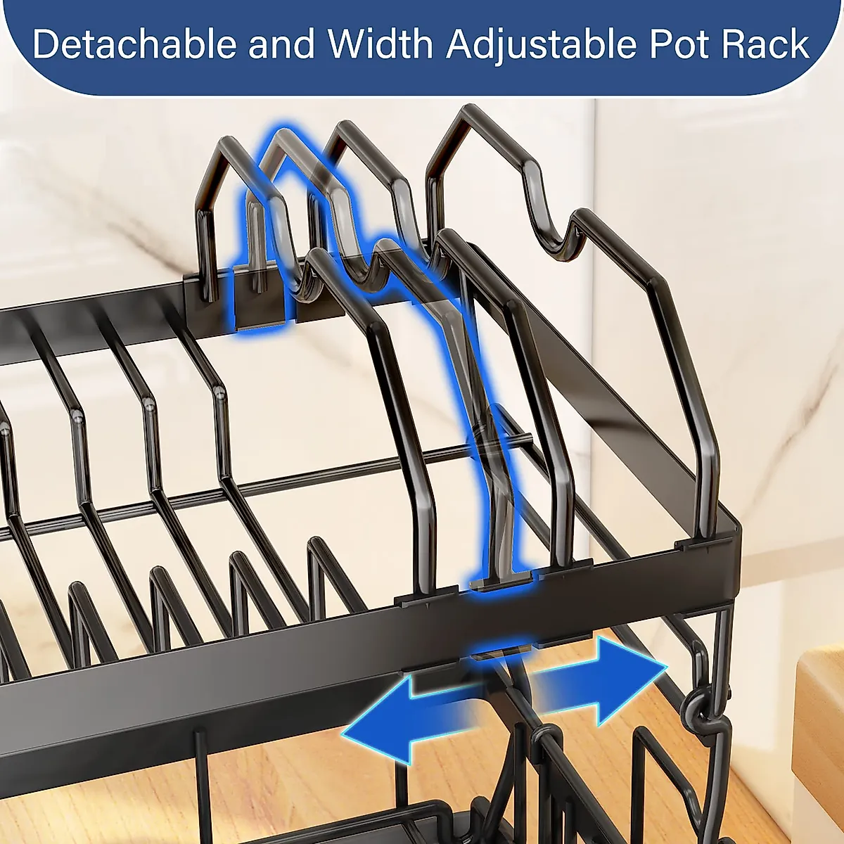 Dish Drying Rack, Detachable 2 Tier Dish Racks for Kitchen Counter with Pot Rack, Large Capacity Dish Drainer with Drainboard Organizer Shelf with Utensil Holder, Cup Rack, Cutting Board Holder, Black