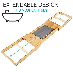 Bamboo Bath Caddy-Natural Wood Bathtub Tray with Extending Sides, Secure Cupholders and Water-Proof Book, Tablet, or Phone Holder by Lavish Home