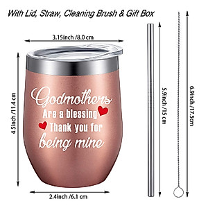 Wine Tumbler Godmother Appreciation Gift Godmothers Are a Blessing Thank You for Being Mine, Baptism Gift Wine Glass Tumbler with Lid, Straw and Gift Box (Rose Gold)