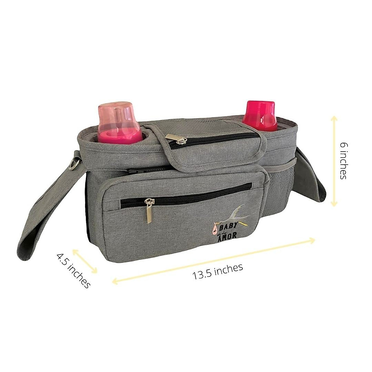 Baby Amor Stroller Organizer with Insulated Cup Holder. Detachable Phone Bag & Shoulder Strap. Fits any stroller.