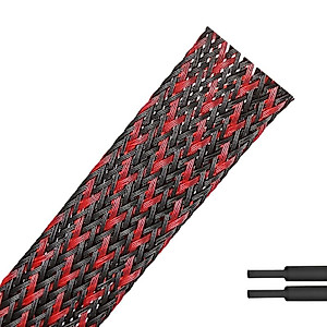 25ft - 1/2 inch Braided Cable Management Sleeve Cord Protector PET Expandable Braided Sleeving-Self-Wrapping Wire Loom for TV/Computer/Home Theater/Engine Bay - Black&Red